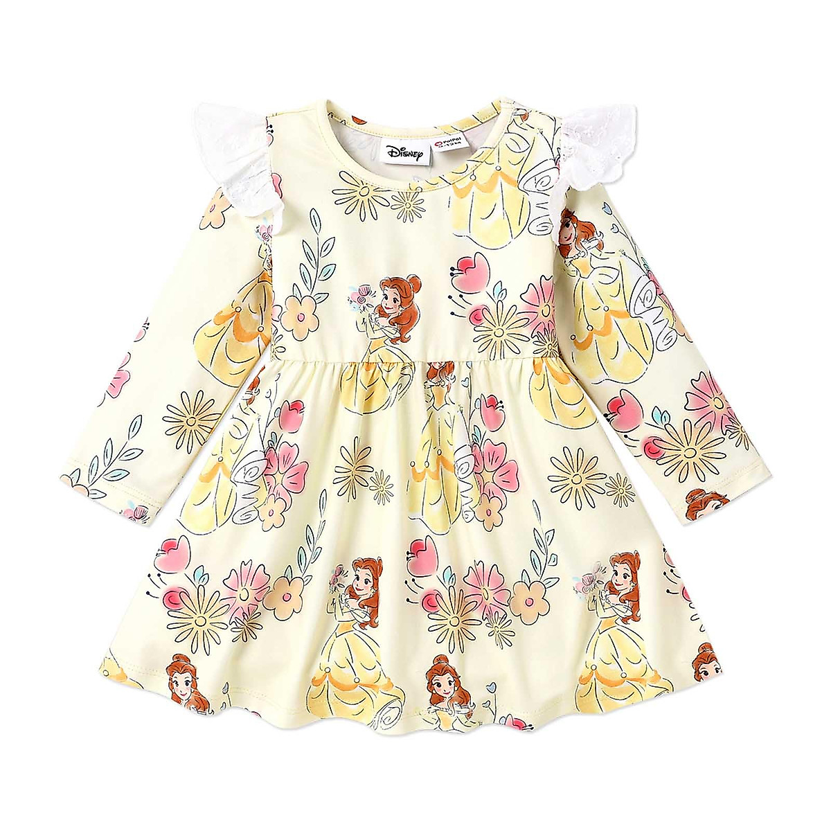 Disney Princess Dresses for Baby Girls Floral Ruffled Long-Sleeve Playwear Dress, Yellow, 6-9 Months