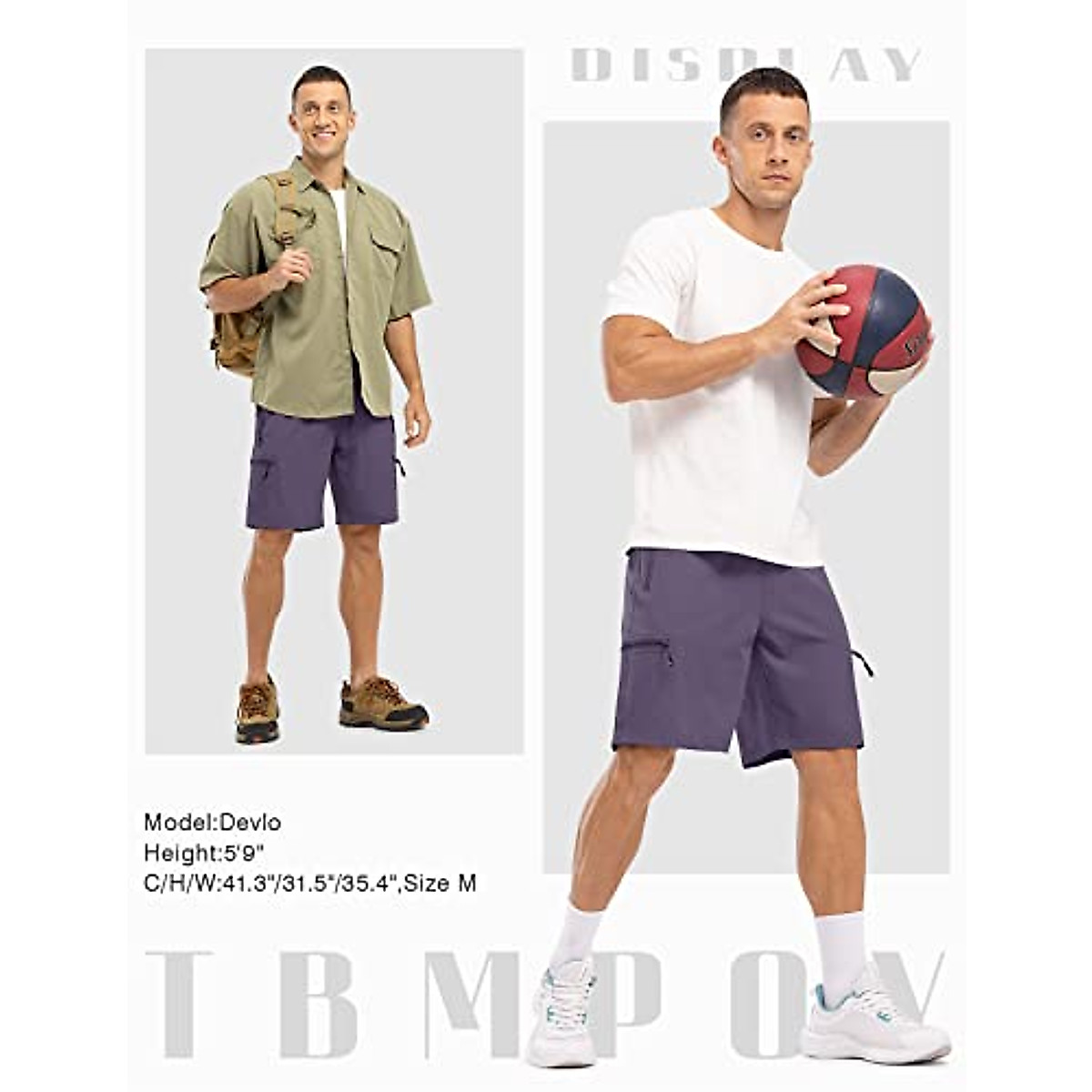 TBMPOY Men's Hiking Shorts with 5 Zip Pockets 9'' Lightweight Outdoor Work Athletic Short for Men Travel Running Purple Grey XXL