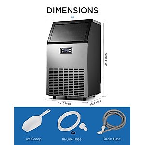 ADT Ice Machine Stainless Steel Under Counter Freestanding Commercial Ice Maker Machine (ZB-99LBS, Single-Water Inlet, 17.7 x 15.72 x 31.5 inches, 99.00, 1, 1)