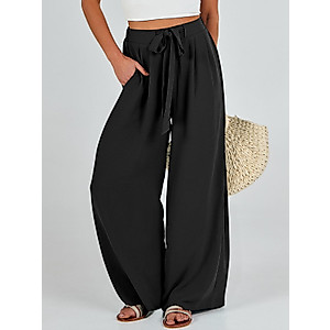Caracilia Women Wide Leg Palazzo Pants Summer High Waist Flowy Casual Trousers Loose Lounge Beach Travel Vacation Clothes Black Medium