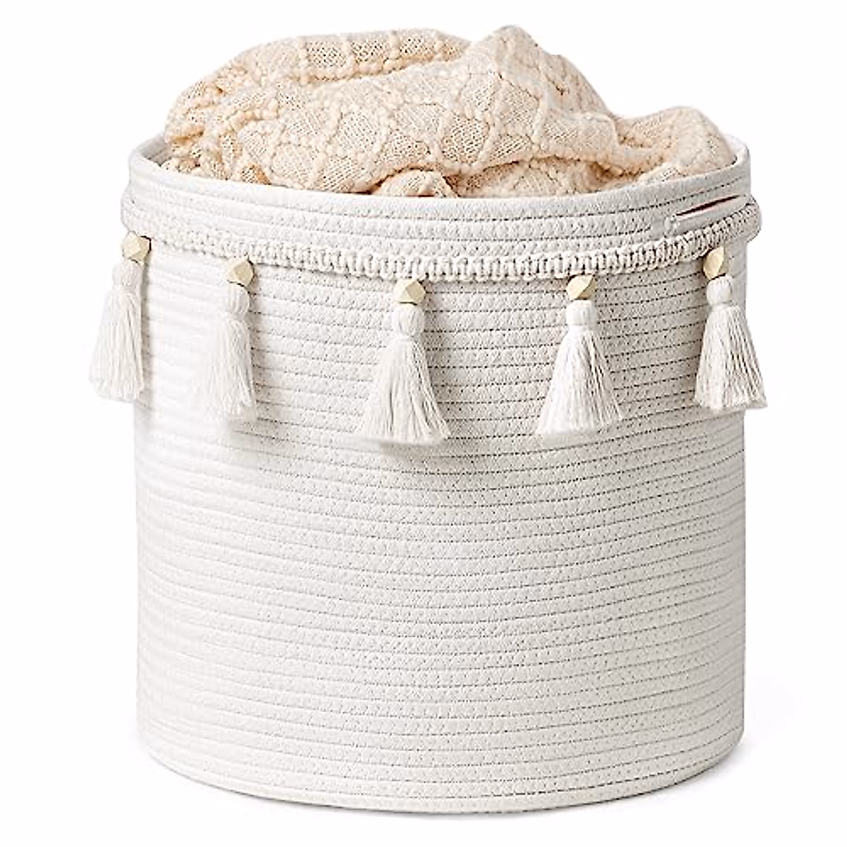 UBBCARE Decorative Cotton Rope Basket-14 x 15 in, Boho Woven Storage Basket with Tassel, Macrame Basket for Organizing Towels, Baby Toys, Cute Storage basket for Nursery