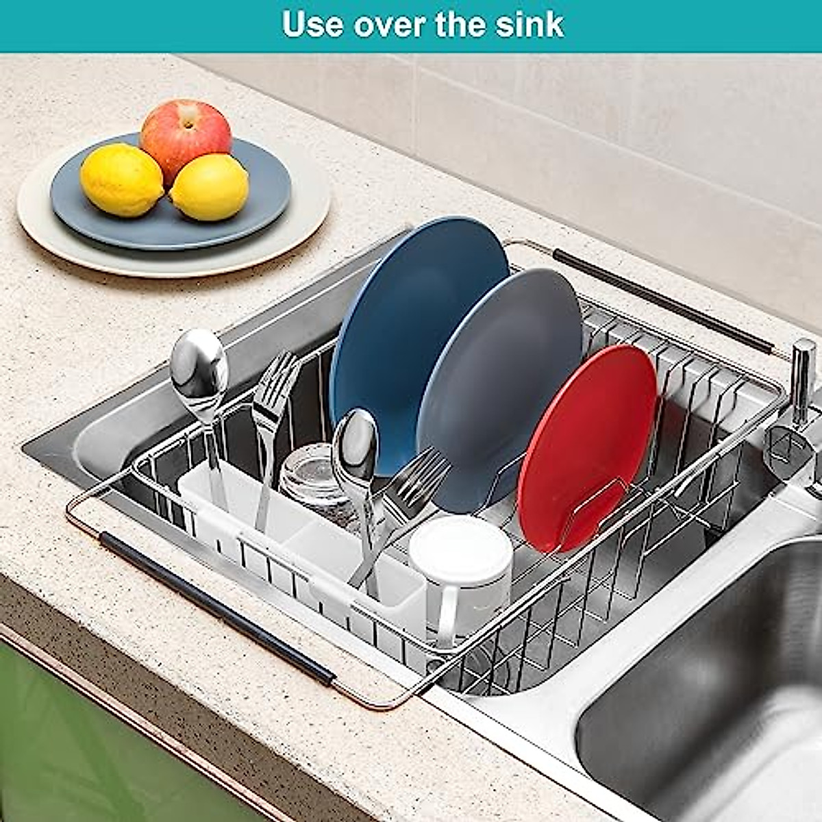 iPEGTOP Expandable Multifunctional Dish Drying Rack, Over The Sink, in Sink Or On Counter Dish Drainer Rack Organizer Shelf with White Utensil Silverware Holder, Rustproof Stainless Steel