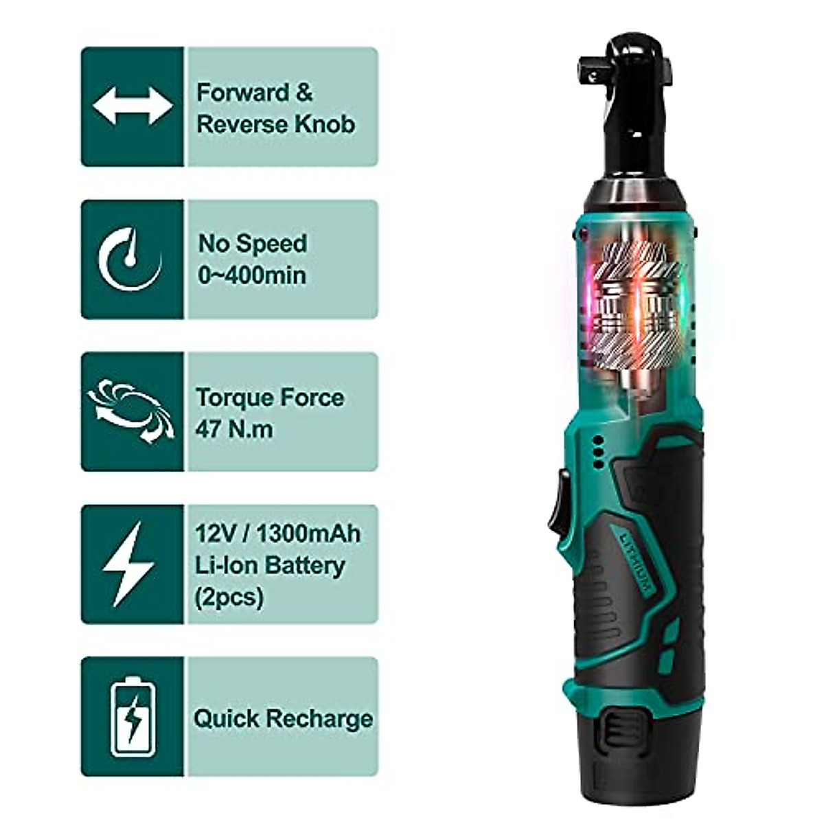 Kinswood Cordless Ratchet Wrench Set, 3/8" 400 RPM 12V Power Electric Ratchet Driver with 12 Sockets, 2x Lithium-Ion Batteries and 60-Min Fast Charge