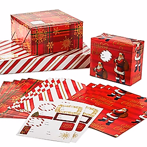 Hallmark Flat Christmas Wrapping Paper Sheets with Cutlines on Reverse and Gift Tag Seals (12 Folded Sheets, 16 Gift Tag Stickers) Red, White and Gold Stripes, Santa Claus, Snowflakes on Plaid
