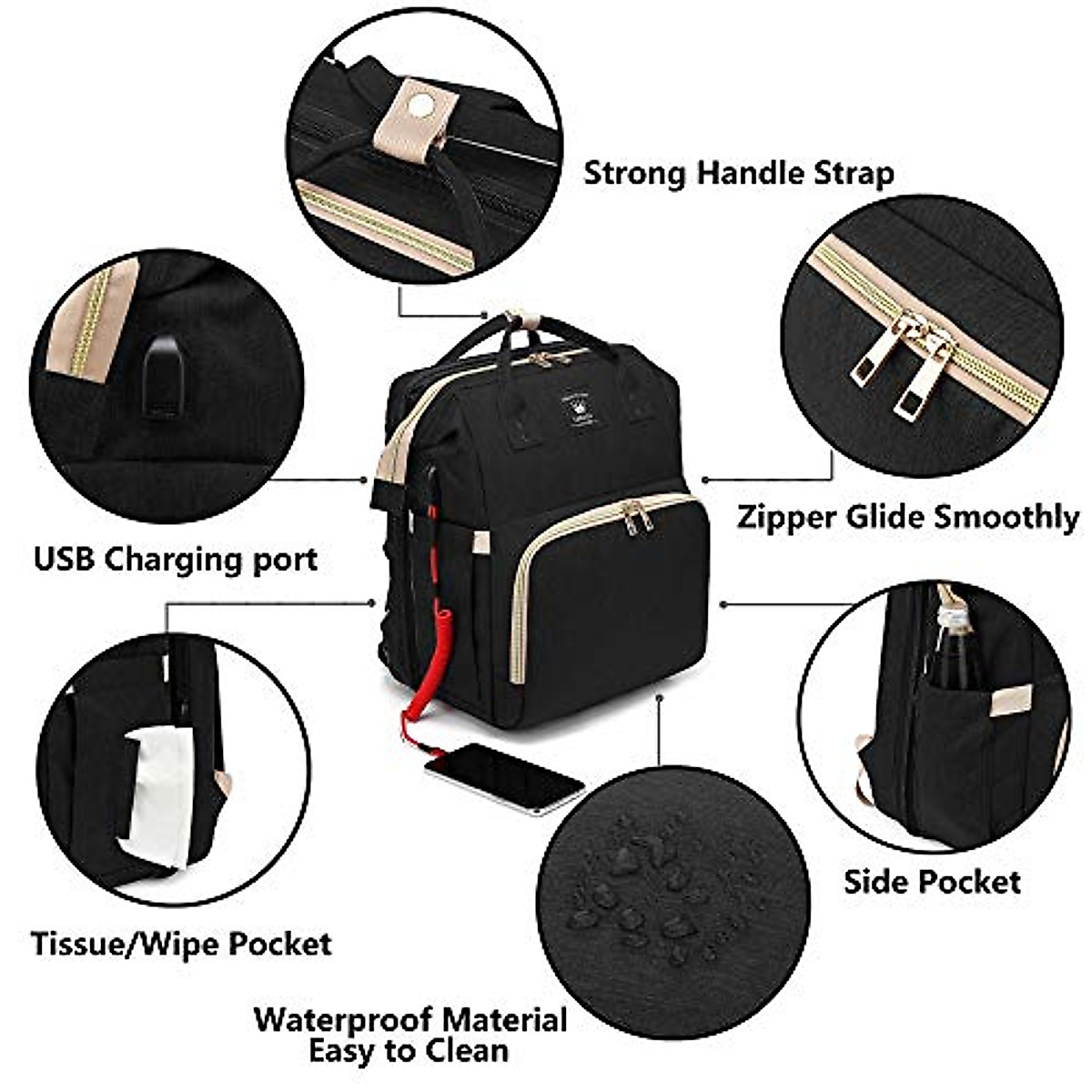 Lamroro Diaper Bag Backpack, Baby Nappy Changing Bags Multifunctional Travel Backpack, Large Capacity, Waterproof, Sunshade, Built-in USB Charging Port Stylish Black