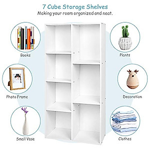 7 Cube Storage Organizer, Drawers and Cubes Shelves with 3 Open Cubes Bookcase and 4 Bins Drawers Storage Bookshelf Display for Bedroom Living Room Home Office, White