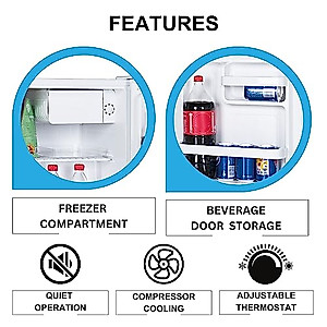 Koolatron 1.7 Cu Ft Compact Fridge With Freezer, White, Compressor Mini Fridge, Reversible Door, Flat Back, Removable Shelf, For Snacks, Frozen Meals, Beverages, Beer, College Dorm, Office, Rec Room