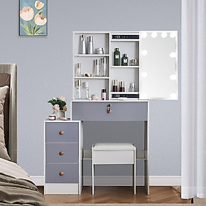 Logimiz Vanity Desk with Mirror and Lights, Makeup Vanity Table with 3 Color and Brightness Adjustable, Girls Makeup Vanity with Stool and Drawers for Bedroom