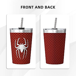 PAYOHTO Red Spider Skin Pattern Superhero Insulated Stainless Steel Tumbler 12 oz Thermos Come with Straw Kids Leak-Proof Travel Mug Cup