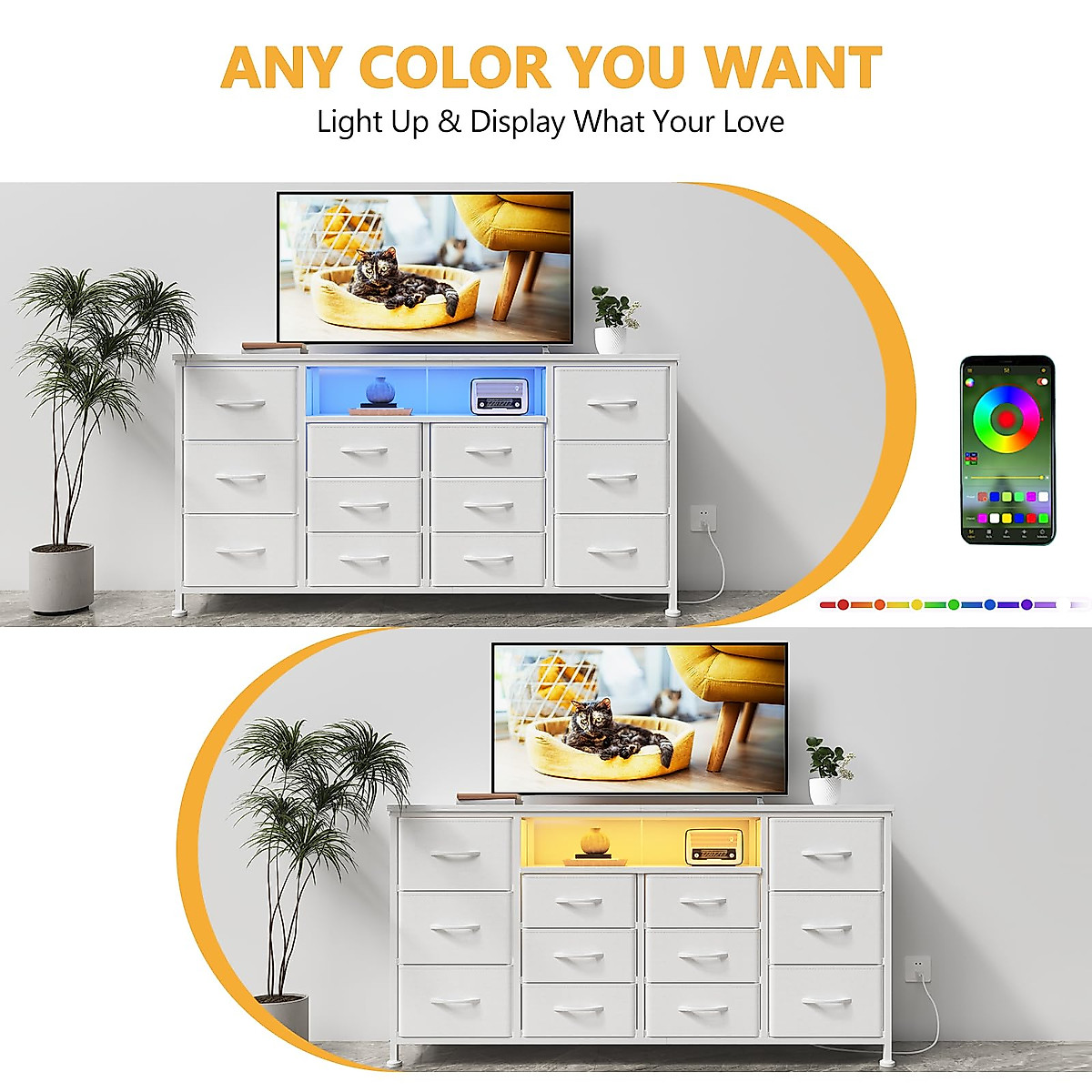 WODRAWER TV Stand Dresser for Bedroom with 12 Drawers for 60" TV, Fabric Drawers Entertainment Center with Power Outlets & LED Lights & Open Shelves, Long Dresser for Console, Living Room