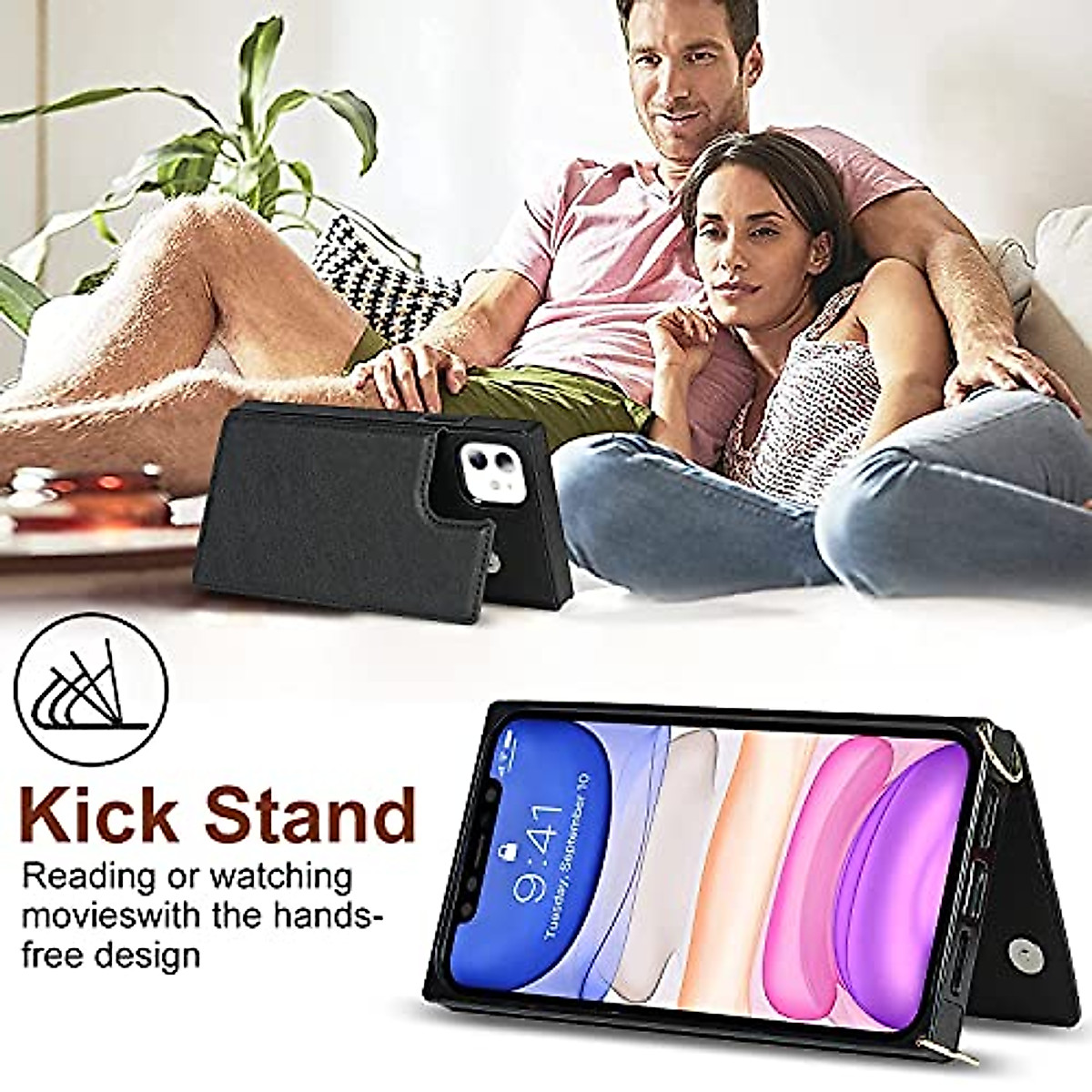 DEFBSC Compatible with iPhone 12 iPhone 12 Pro Case, Crossbody Wallet Case, Adjustable Detachable Lanyard Neck Strap with Kickstand Leather Card Holder Protective Cover-Black