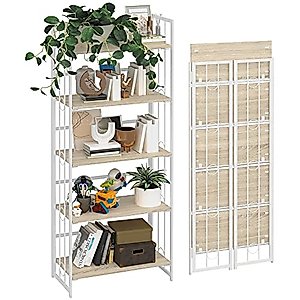 4NM No-Assembly 5 Tiers Folding Bookshelf Storage Shelves Vintage Bookcase Standing Racks Study Organizer Home Office - Natural and White