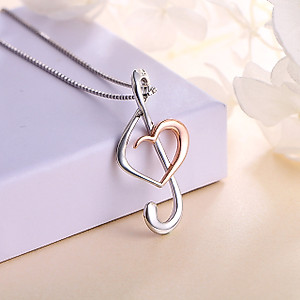 DAOCHONG 925 Sterling Silver Musical Note Treble Clef Rose Gold Plated Heart Pendant Necklace Jewelry for Women Graduation Christmas, Box Chain 18" (Rose Gold Plated)