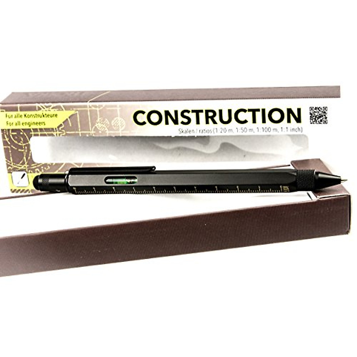 Troika CONSTRUCTION Multitasking Ballpoint Pen - PIP20/BG - Black/Gold - Centimetre and Inch Ruler - 1:20 m and 1:50 m Scale - Spirit Level - Slotted and Phillips Screwdriver - Stylus