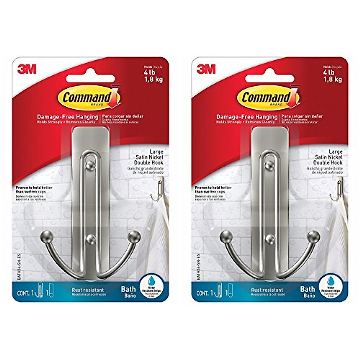 Command Large Double Bath Hook, Satin Nickel, 2-Hooks, 2-Large Water-Resistant Strips
