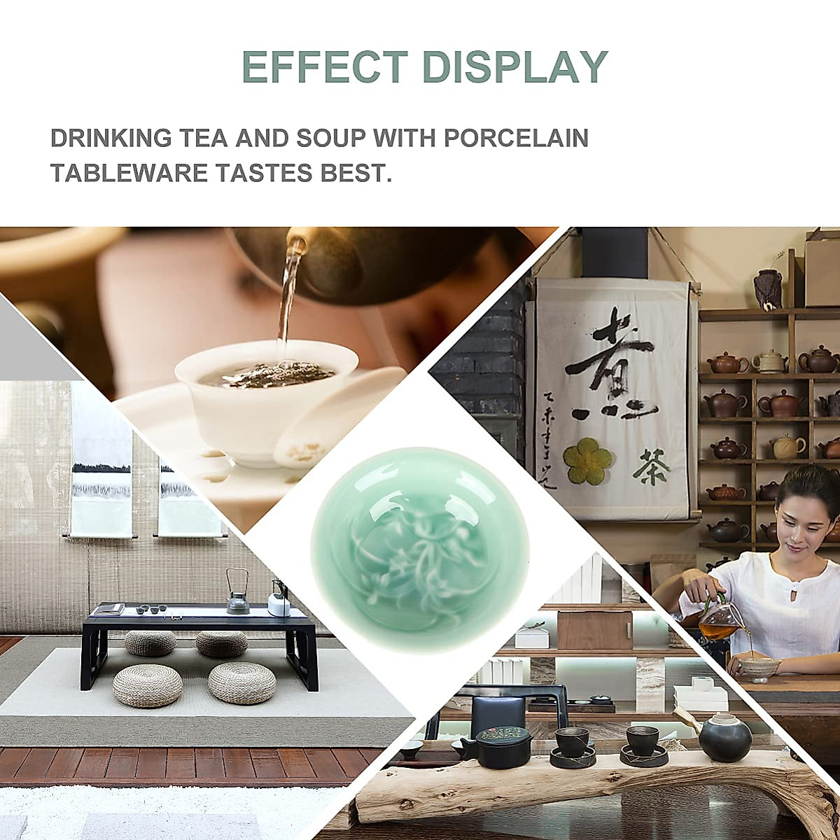 DOITOOL Chinese Sake cup Ceramic Sake Tea Cup Cyan Clay Creative Embossed Celadon Tea Cup Porcelain Bowl, Color Change, Plant Pattern Tableware Wide Mouth Tea Bowl(Random Embossed Pattern)