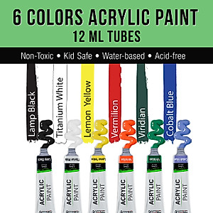 U.S. Art Supply Artist Painting Set with 6 Vivid Acrylic Paint Colors, Wood Painting Palette, 3 Brushes - Basic Artwork Project Essentials - Fun Children, Kids, School, Students, Beginners Starter Kit