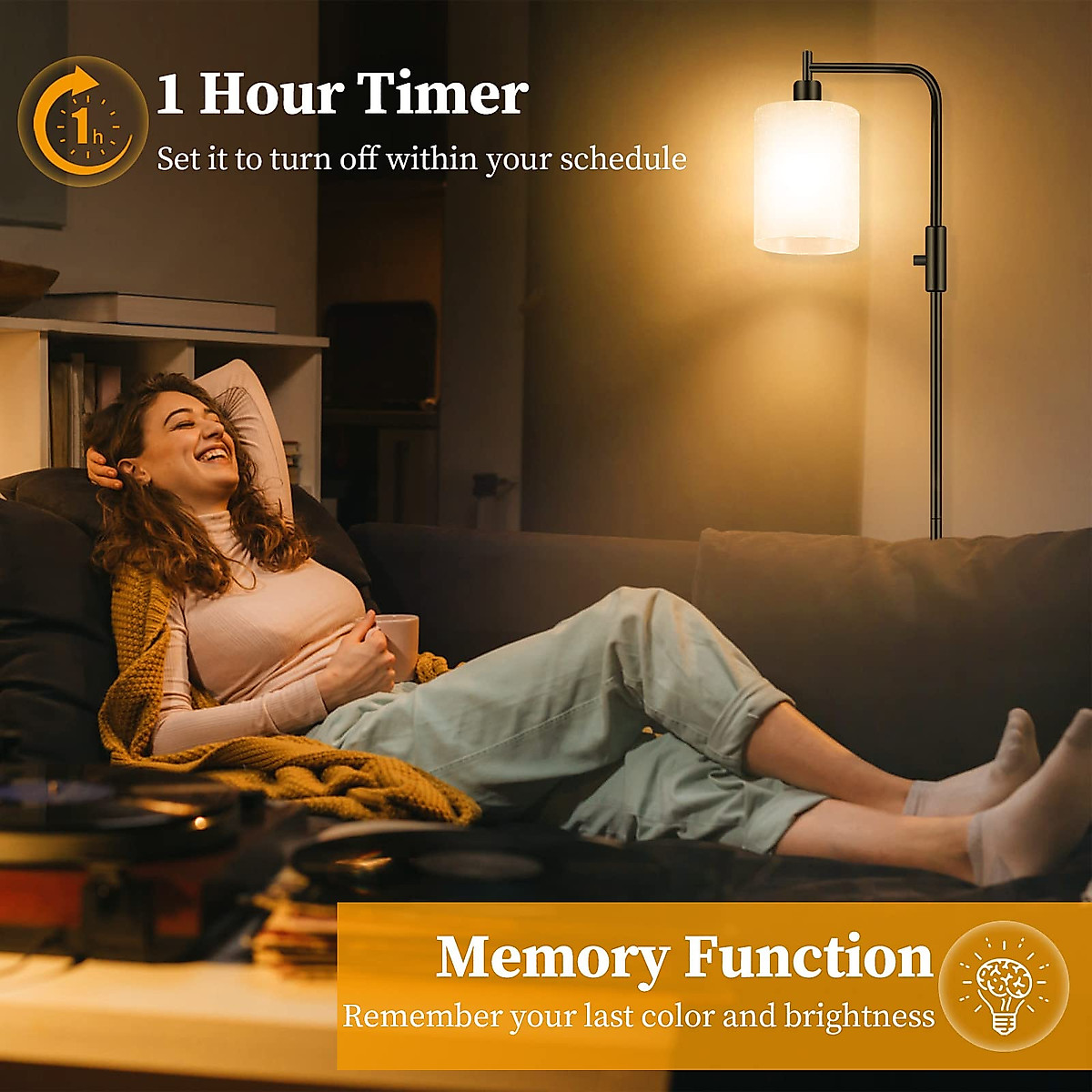 OUTON Modern Floor Lamp, Dimmable Industrial Floor Lamp with Remote Control, Stepless Color Temperature, Timer, LED Tall Stand Lamp with Hanging Frosted Glass Shade for Living Room, Bedroom, Office