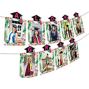 Tropical Aloha Graduation Photo Banner - Aloha Grad Photo Banner with Tassel, Summer Hawaiian Luau Congrats Grad Photo Banner for College Graduation Party Decorations