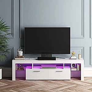 Extougend Modern White LED 63 Inch TV Stand with Storage and Entertainment Center for 50 55 60 65 70 75 Inch TVs, High Gloss Wooden TV Cabinet with Glass Storage Rack for Living Room and Bedroom