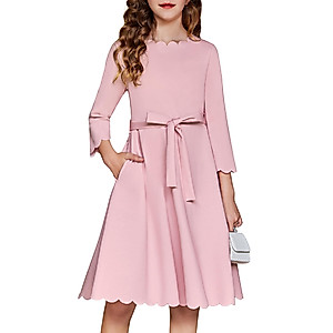 Arshiner Big Girls Dresses 3/4 Sleeve Scalloped Edge A-line Belted Banquet Dress with Pockets（Pink，13-14Years）
