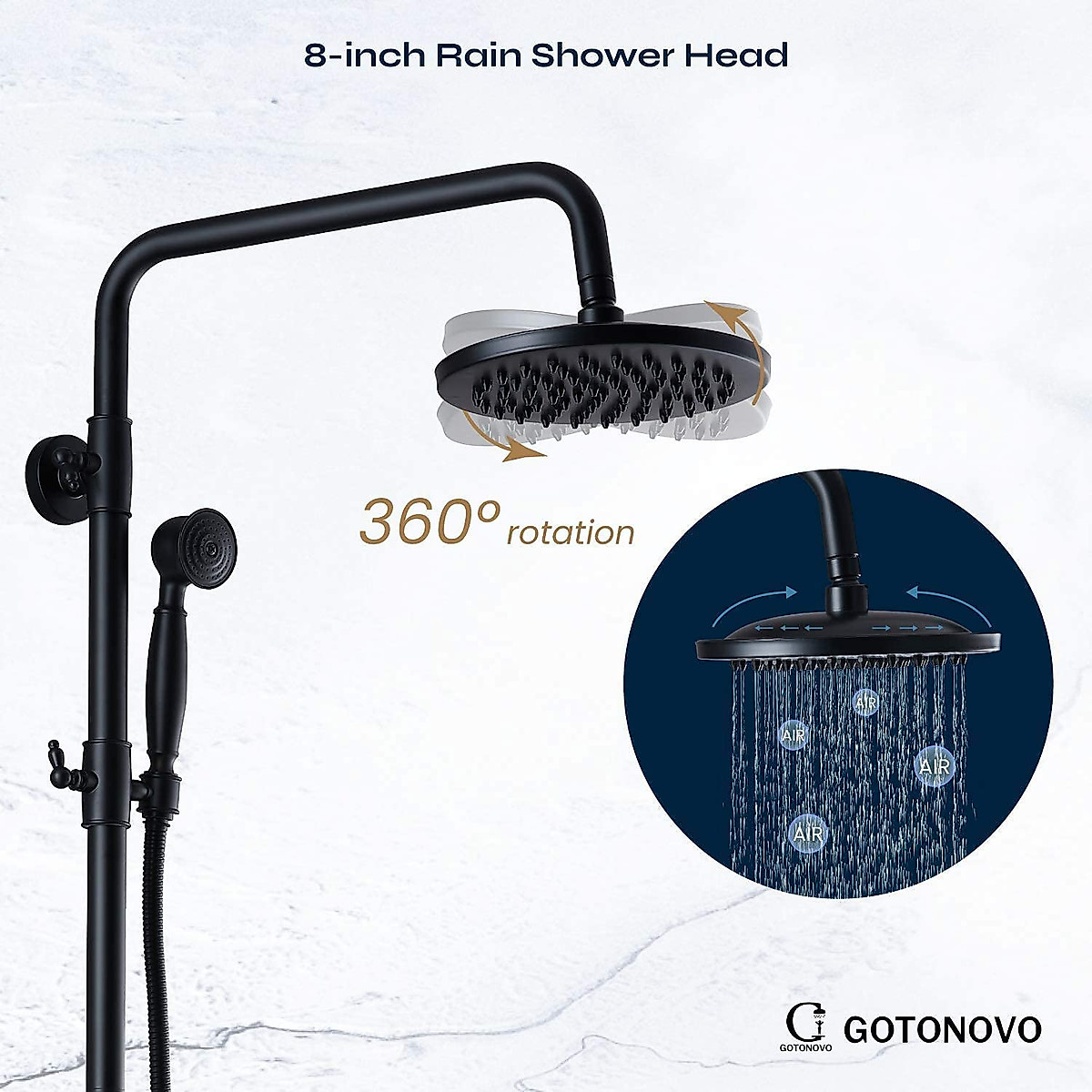 Matte Black Wall Mounted Bathroom Rainfall Shower Faucet System Set Mixer 8’’ Round Head 2 Cross Handles Bathtub Hand Spray Kitchen Faucet 8’’ Center 9’’ Spout Reach 2 Cross Handle Kitchen Sink Faucet