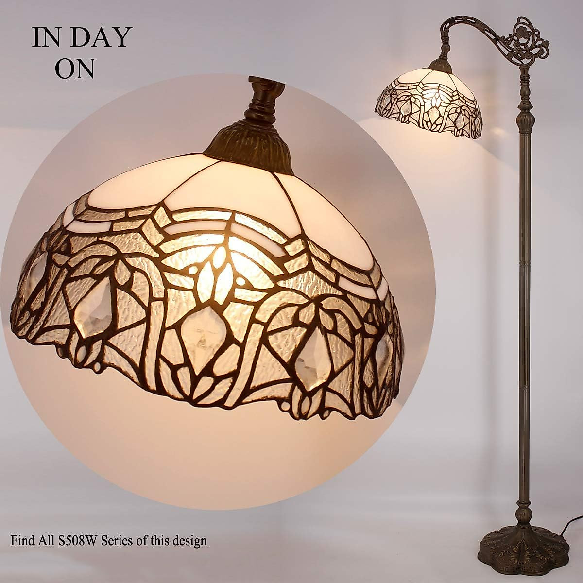 WERFACTORY Tiffany Floor Lamp White Crystal Bent Stained Glass Arched Lamp 12X18X64 Inches Gooseneck Adjustable Corner Standing Reading Light Decor Bedroom Living Room S508W Series