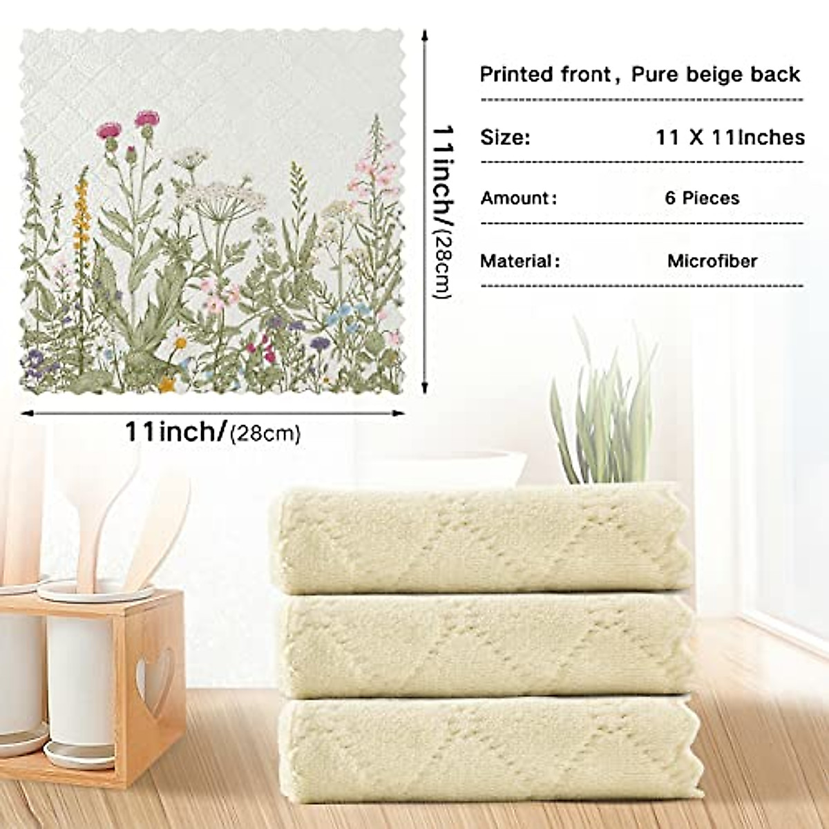 Seamless Floral Herbs and Wildflowers Botanical Pattern Pack of 6 Pcs Kitchen Dish Towels, Absorbent Soft Dishcloths for Bar cafe Car Table Chair Window Washable Towels 11 x 11 inches