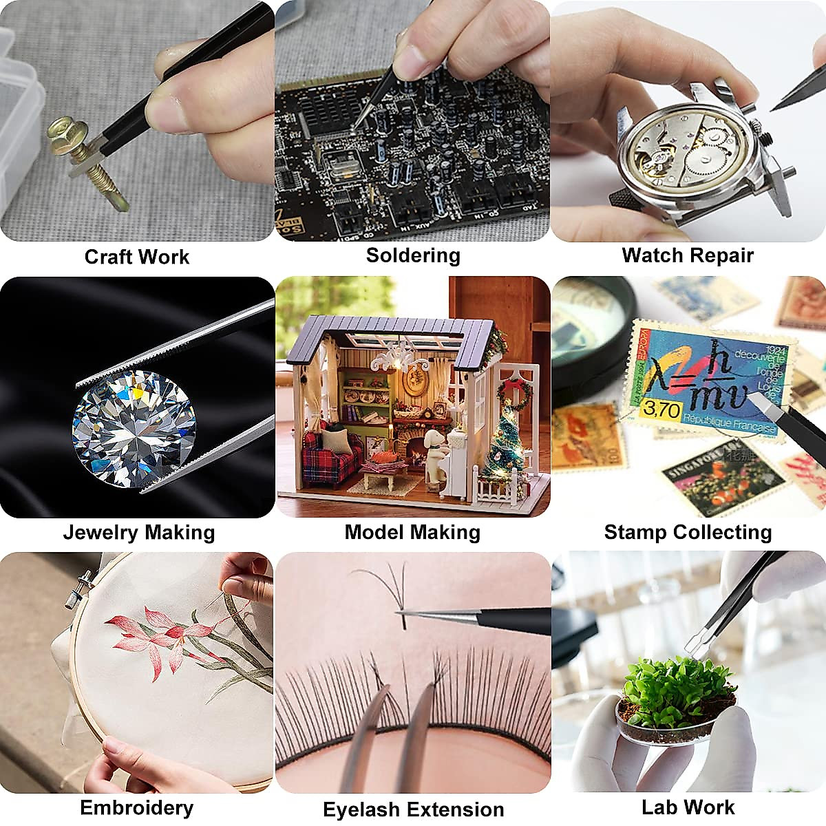 Antonki 12 Pack Precision Tweezers Set, Point and Slant Metal Tweezer Kits for Craft, Soldering, Jewelry, Ingrown Hair, Eyelash Extension, Eyebrow - with Case