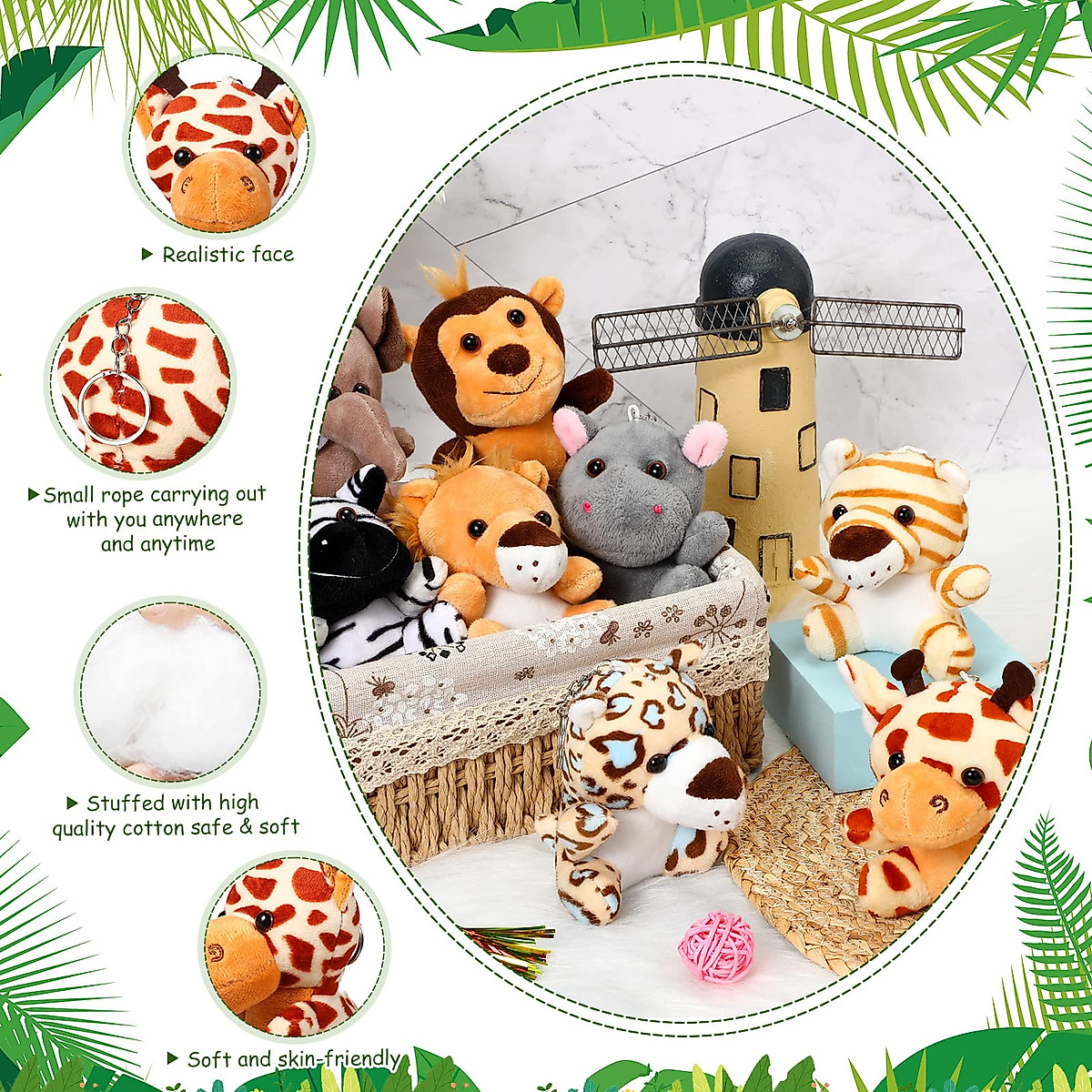 Leitee 48 Pack Mini Plush Animals Toys Set 4.7 Inch Stuffed Animal Keychain Small Goodie Bag Fillers for Easter Hunts, Valentine's Day, Carnival Prizes, Jungle Party