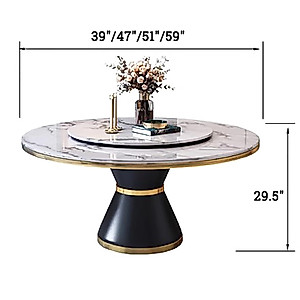 Topjia Round Marble Dining Table with Lazy Susan,Luxury Style Kitchen & Dining Room Tables with Metal Base,Modern Circular Pedestal Dining Table - Table Only(59" L x 59" W x 29.5" H, Black)