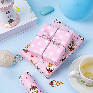 WRAPAHOLIC Reversible Wrapping Paper - Mini Roll - 17 Inch X 33 Feet - Ice-Cream Design for Birthday, Holiday, Party, Baby Shower