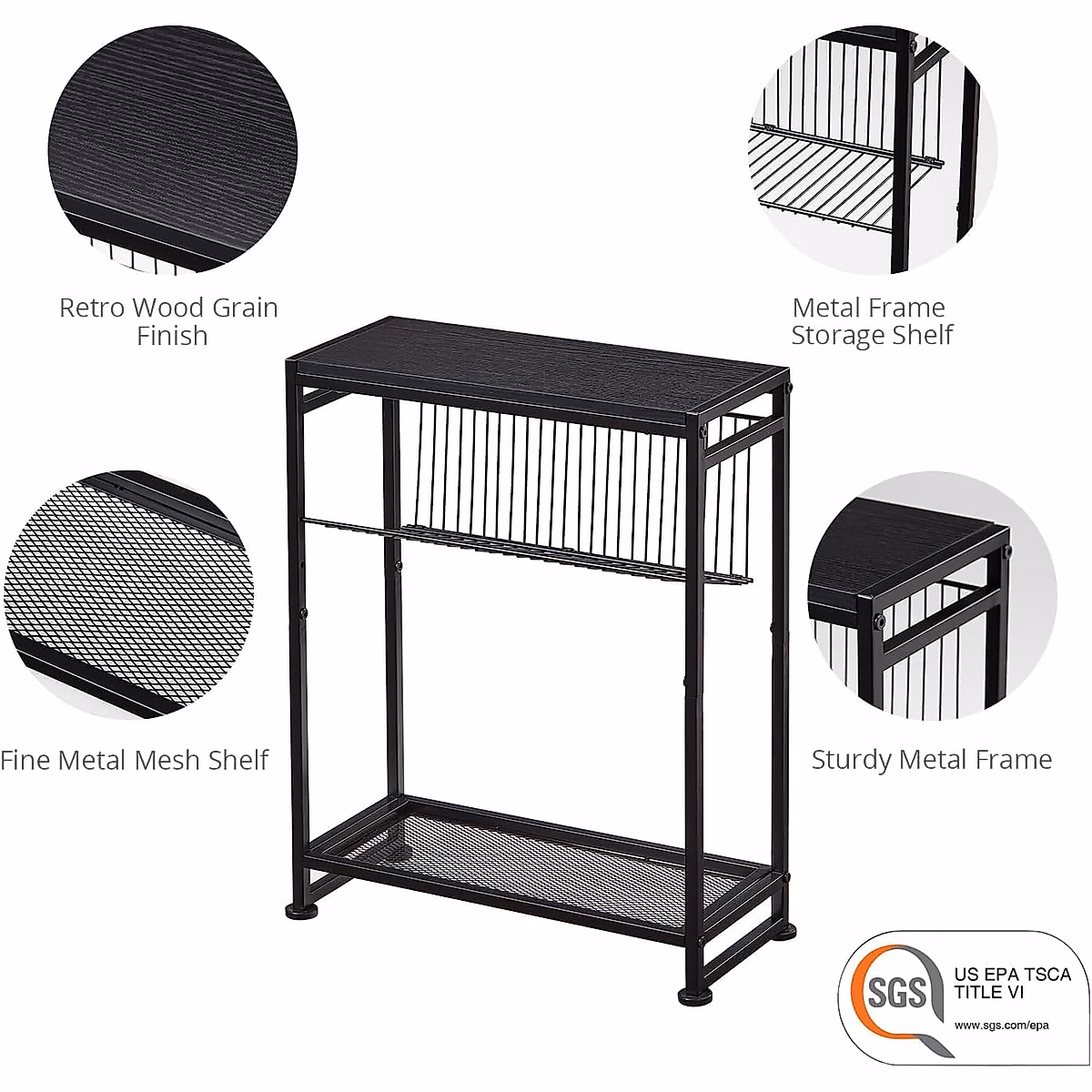 Slim End Table with Magazine Holder - 2 in 1 Design for Small Spaces - Black