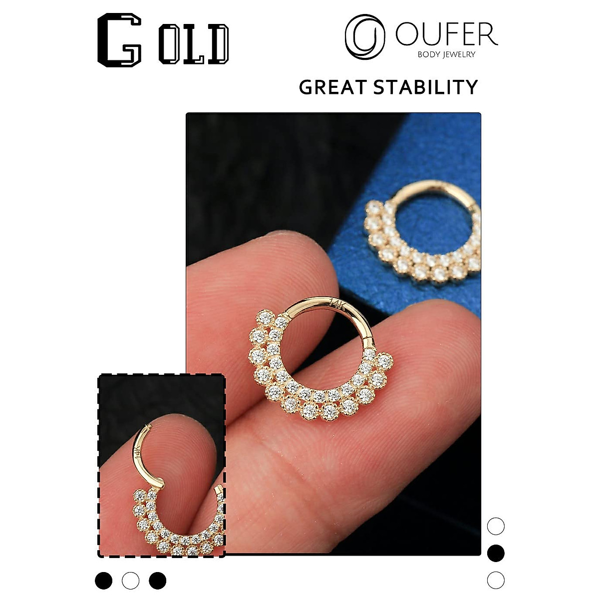 OUFER 16G Septum Rings Hoops, 14K Solid Gold Septum Piercing Jewelry, Paved Shiny Clear CZ Cartilage Hoop Earrings, Daith Helix piercing Jewelry For Women And Men