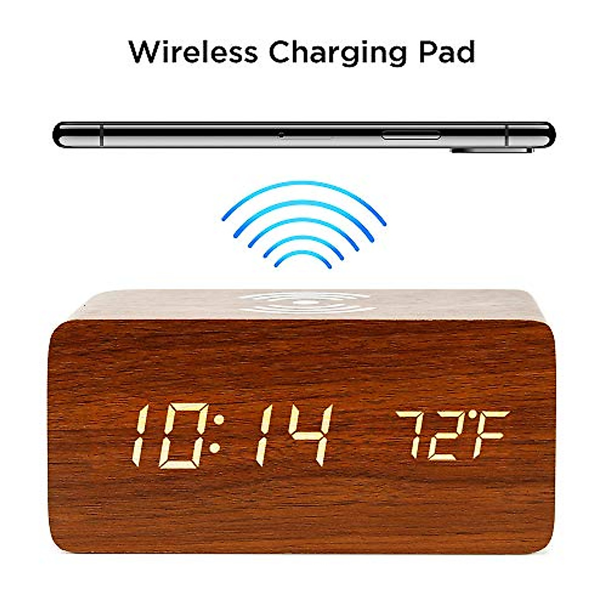 OCT17 Alarm Clock with Qi Wireless Charging Pad Compatible with iPhone Samsung Wood LED Digital Clock Sound Control Function, Time Date, Temperature Display for Bedroom Office Home- Brown