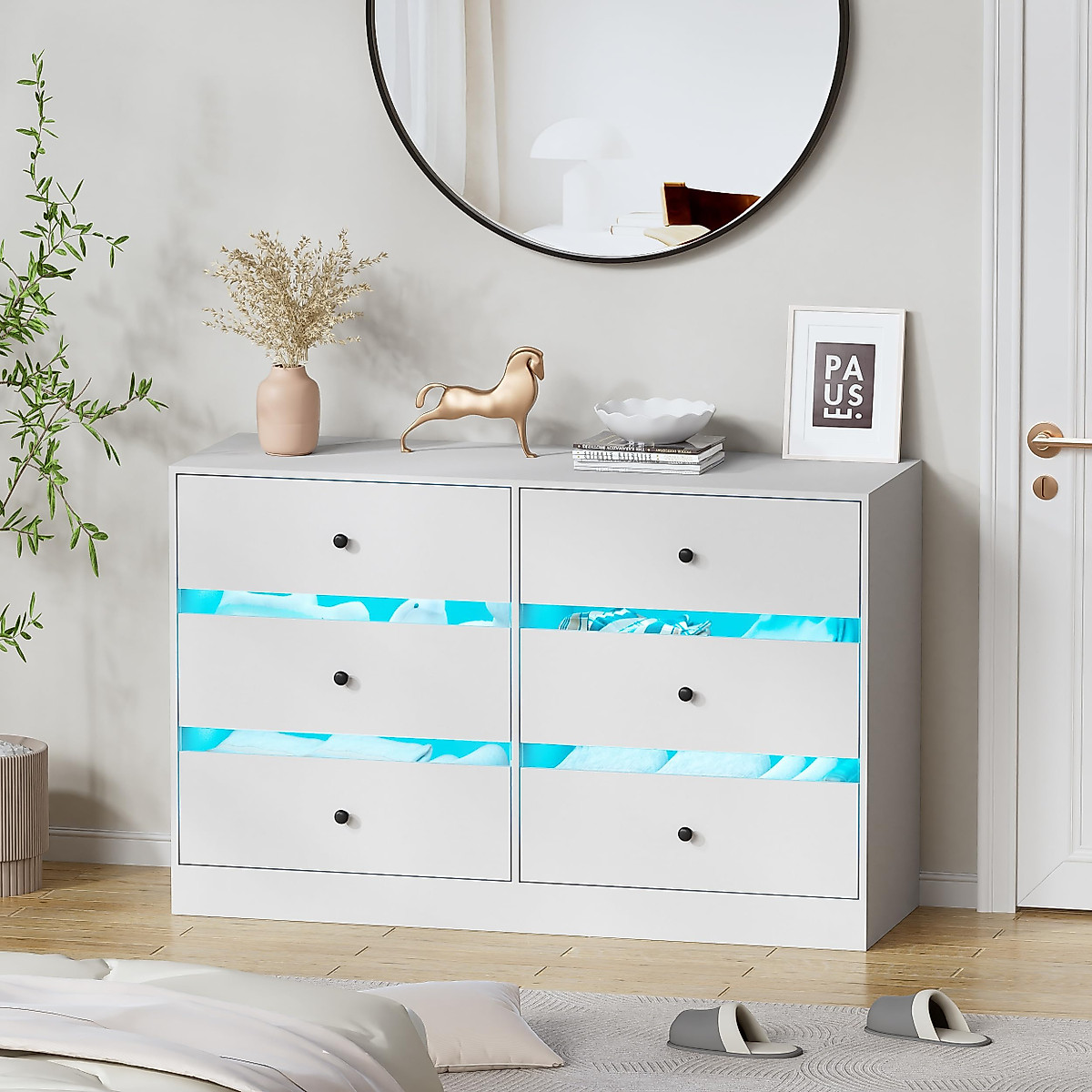 SDMY 6 Drawer Double Dresser, White Bedroom Dresser with LED Light, Baby Dresser for Nursery, Modern Wood Dresser Chest of Drawers for Living Room, Hallway