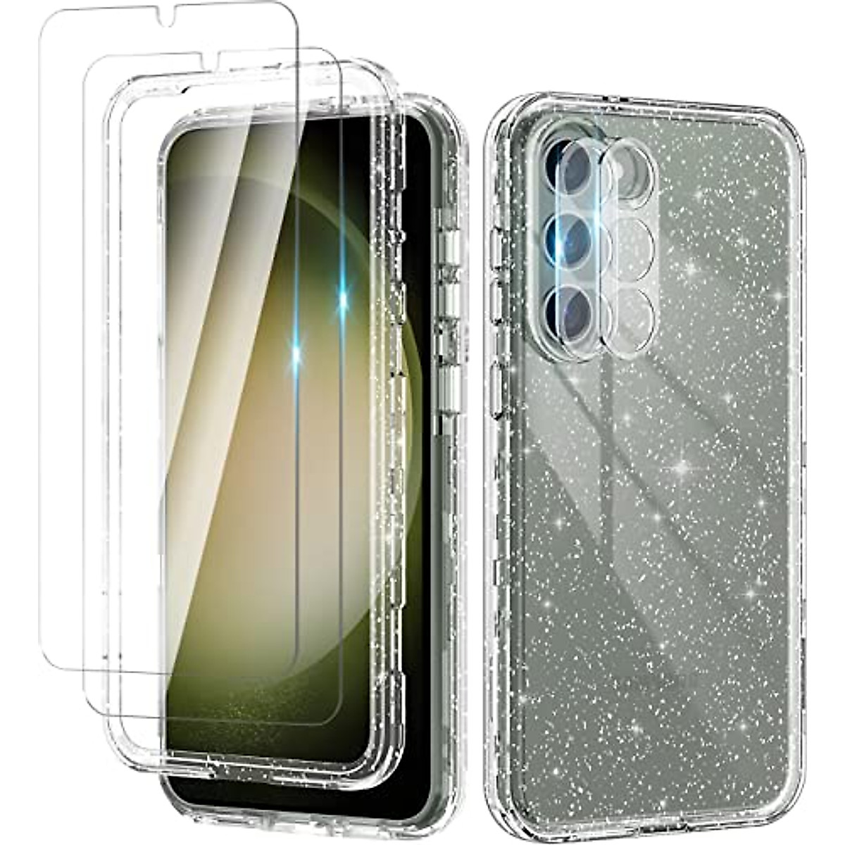 Lamcase for Samsung Galaxy S23 Plus Case 6.6 Inch, [with 2Pcs Tempered Glass Screen Protector+2Pcs Camera Lens Protector] Shiny Sparkly Bling Three Layer Shockproof Cover 2023, Clear/Silver Glitter