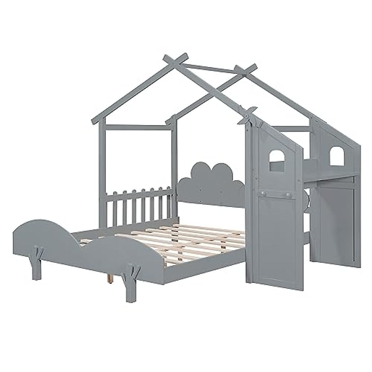 Aiuyesuo Twin Size Platform Bed with Windmill Roof and Flower Decor Headboard, Solid Wood Platform Bed Frame with Desk and 2 Handles, Fairytale-Like House Bed for Kids Teens Adults (Gray-TT78)