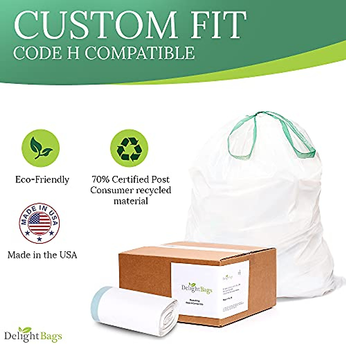 Compatible with Simple human Code H, 200 Count, Eco-Friendly, White Drawstring Trash Bags, 8-9 Gallon,30-35 Liter, 18.5" x 28", 1.2 Mil thick, Made in the USA with 70% CERTIFIED Post Consumer Material