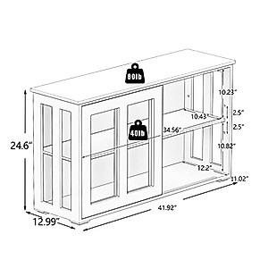 RASOO Kitchen Storage Cabinet Antique Stackable Black Buffet Storage Sideboard Adjustable Shelf Inside Credenza Cupboard with Transparent Glass Sliding Door (White)