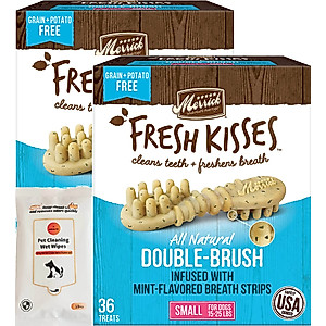 Aurora Pet Bundle Pack (2) Merrick Fresh Kisses Double-Brush Mint Breath Strip Infused Small Dental Dog Treats with AuroraPet Wipes