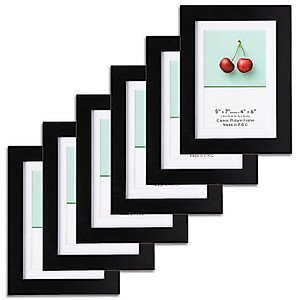 The Display Guys - Square Profile Wooden Picture Frame with Tempered Glass - 5" x 7" matted to 4" x 6" – 6 Pack – Black