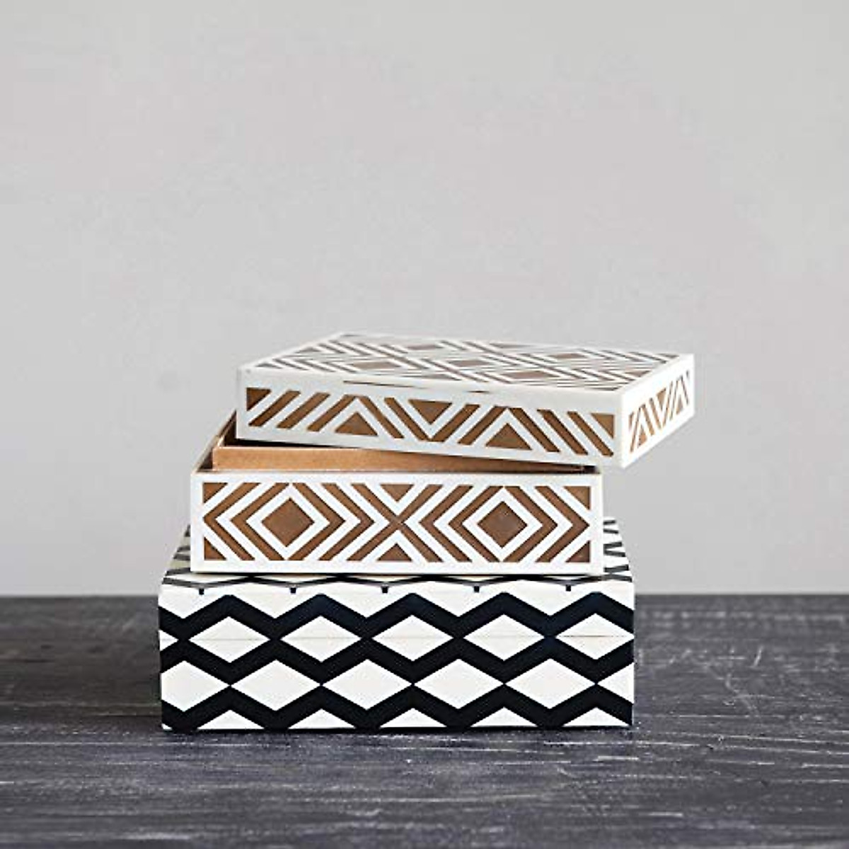 Creative Co-Op Resin & MDF Lid & Pattern Inlay, Black & White Storage Box