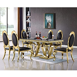 Asday Classic King Louis Black Faux Leather Upholstered Dining Chairs, Luxurious Dining Chairs with Polished Gold Oval Back and Mid-Century Modern Legs (Set of 12)