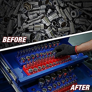 ALOANES 52-Slot Magnetic Socket Organizer, 2PC Socket Holder Kit, 1/4-inch Drive Premium Socket Tray Holders,for Standard and Deep Metric SAE Sockets, Heavy Duty Tools Organizer(Red&Blue)