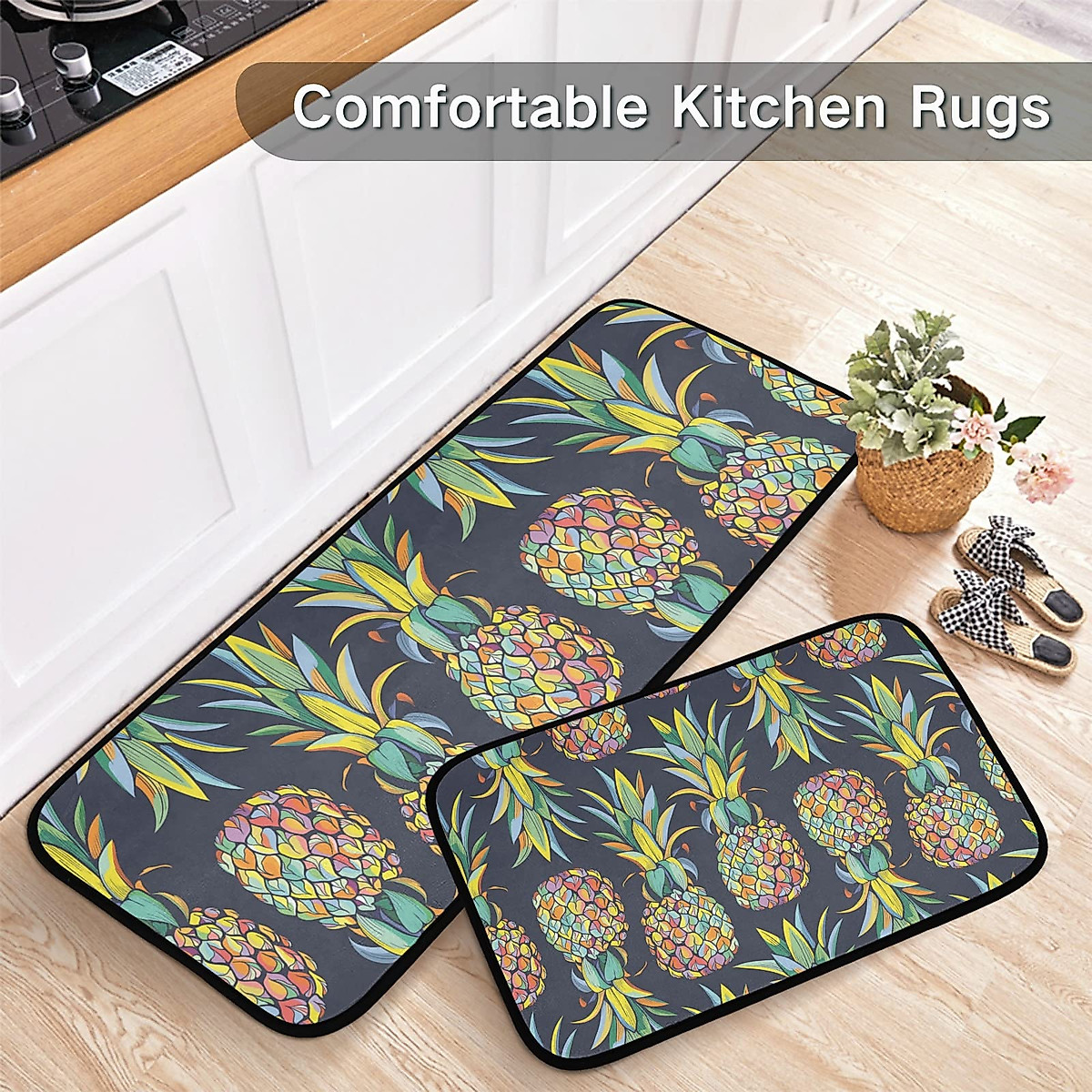 Pineapples Kitchen Rugs and Mat 2 Pieces Set Cushioned Anti Fatigue Kitchen Mat Non Slip Doormat Runner Carpet Washable Farmhouse Decor for Kitchen Floor Home Office Laundry