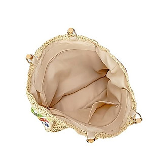 Bohemian Granny Square Handbags Casual Paper Woven Bamboo Handle Women Hand Bags Handmade Beach Bag Large Tote Purse (Beige)