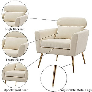 mikibama Mid Century Modern Accent Chair Upholstered Reading Chair Armchair with Throw Pillow Armchair Side Chair for Living Room Bedroom Dorm Room Office (Beige, Chenille)