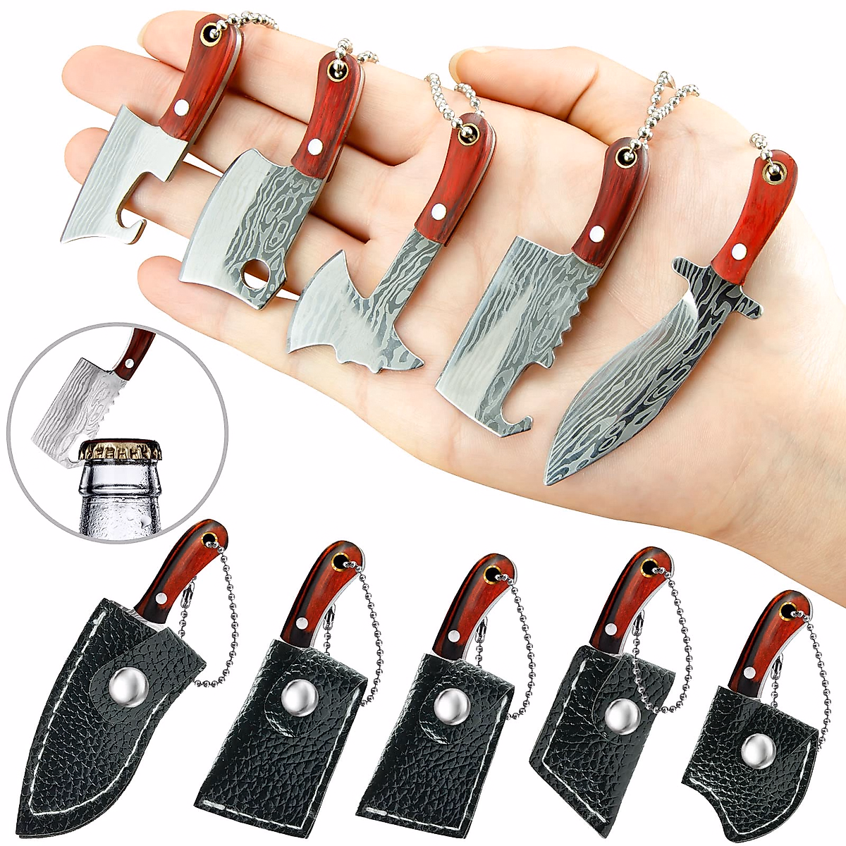 MGZTTHW 5pcs Tiny Knife Keychain, Mini Pocket Knives Chef, Cute Portable Tiny Pocket knife Pendant with Sheath Package Opener Outdoor Camping Box Cutter Tiny Things for Gifts for Christmas