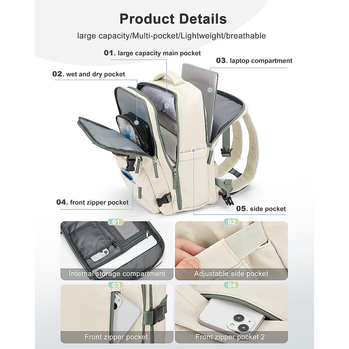 VECAVE Carry On Backpack for Women,Large Travel Backpack Flight Approved,Waterproof 17 Inch Laptop Backpack Business Work Backpacks Men Mochila De Viaje Beige